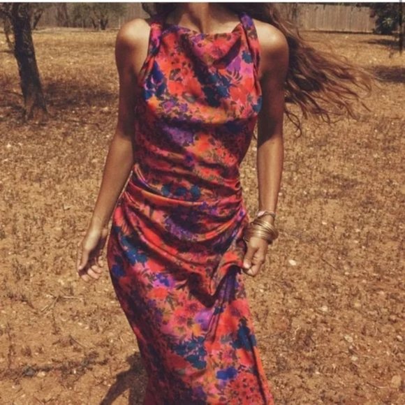 Zara | Dresses | Zara Floral Print Satin Midi Dress | Poshmark
